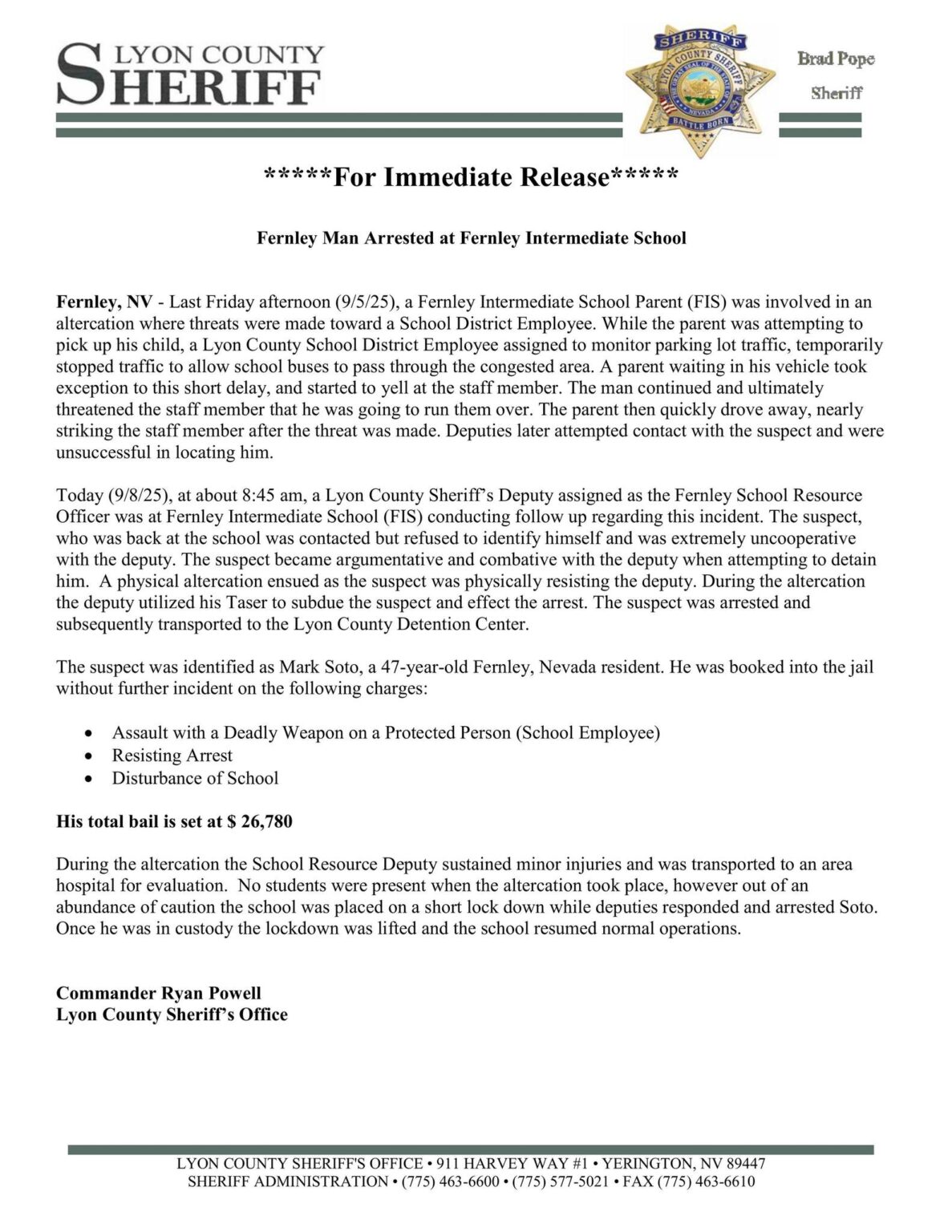 LCSO: Fernley Man Arrested at Fernley Intermediate School on September ...