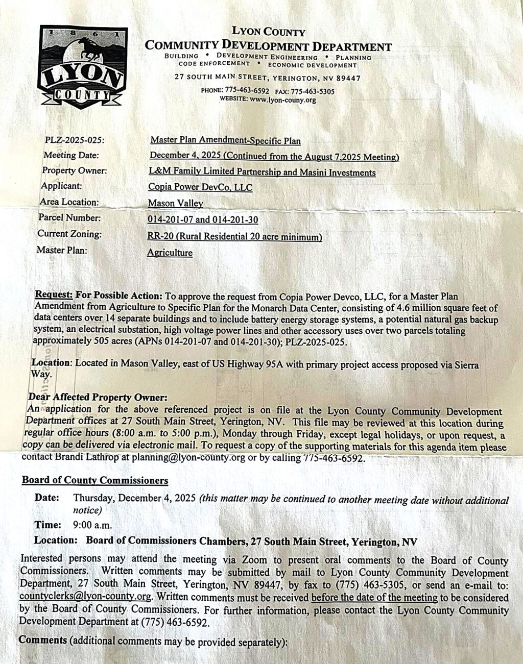 December 4, 2025: Lyon Board of County Commissioners to Address Monarch ...