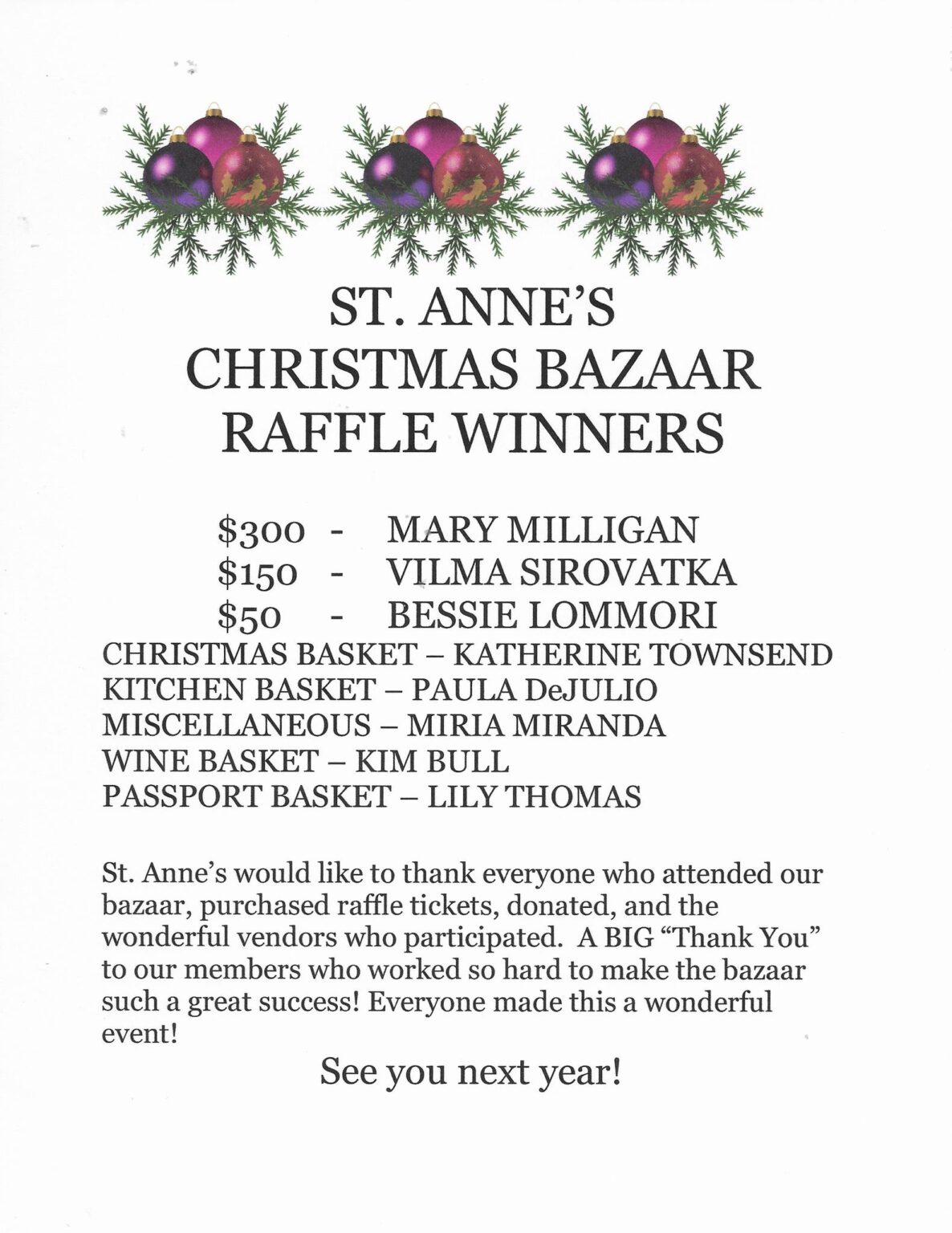 2025 St. Anne’s Christmas Bazaar announces Raffle Winners – Pizen ...